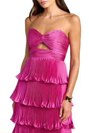 Mac Duggal Pleated Charmeuse Strapless Tiered Ruffle Gown - Fuchsia