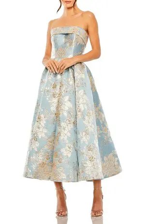 Mac Duggal Strapless Floral Brocade Midi Dress With Pockets - Blue Multi
