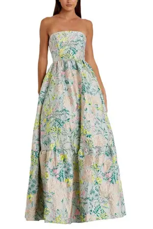 Mac Duggal Floral Brocade Strapless A-line Gown - Pastel Multi
