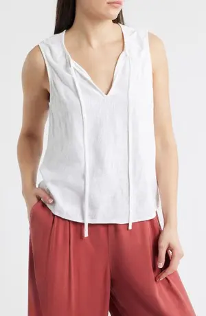 CLOTH & STONE Floral Embroidered Split Neck Tank - White
