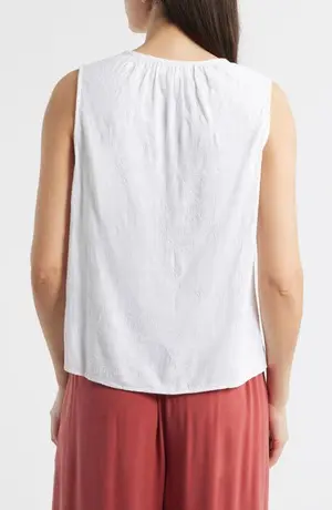 CLOTH & STONE Floral Embroidered Split Neck Tank - White