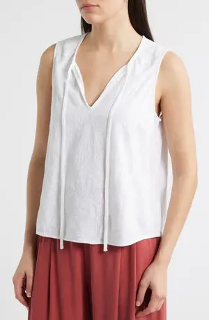 CLOTH & STONE Floral Embroidered Split Neck Tank - White
