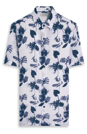 Bugatchi Orson Shaped Fit Leaf Print Short Sleeve Button-up Shirt