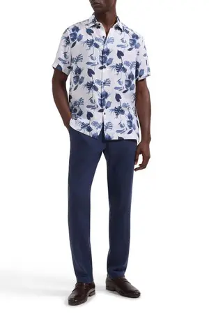 Bugatchi Orson Shaped Fit Leaf Print Short Sleeve Button-up Shirt