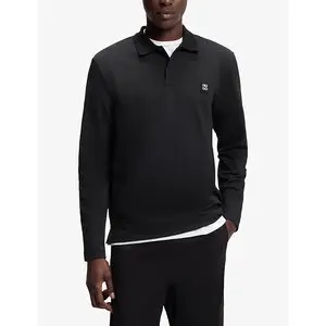 Hugo Stacked Logo-appliqué Long-sleeved Stretch Cotton-blend Polo Shirt - Black