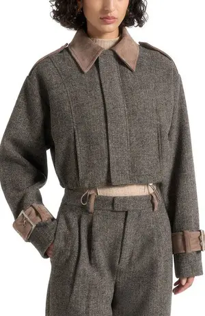 Manière De Voir Galia Herringbone And Suede Bungee Hem Jacket - Grey