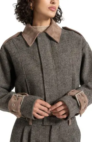 Manière De Voir Galia Herringbone And Suede Bungee Hem Jacket