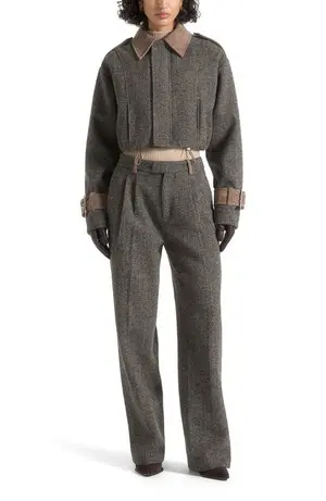 Manière De Voir Galia Herringbone And Suede Bungee Hem Jacket