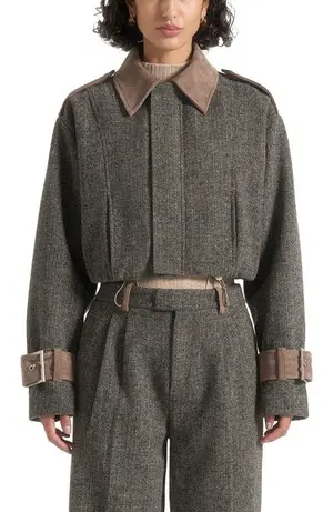 Manière De Voir Galia Herringbone And Suede Bungee Hem Jacket
