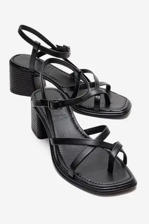FOREVER & ALWAYS SHOES Leather Block Heel Sandal - Black