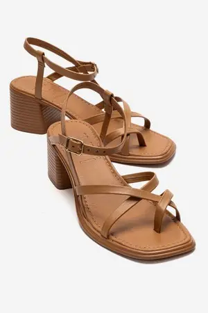 FOREVER & ALWAYS SHOES Leather Block Heel Sandal - Cognac