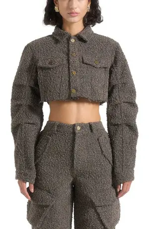 Manière De Voir Catherine Cropped Boucle Denim Jacket - Brown