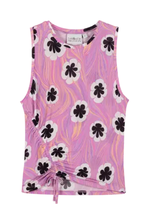UNTITLED IN MOTION Noda Asymmetric Ruched Silky Jersey Floral Fitted Tank