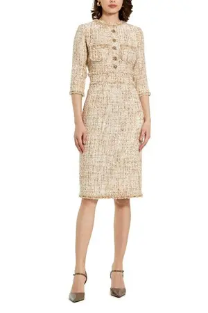 Mac Duggal Beaded Trim Boucle Midi Dress - Blush