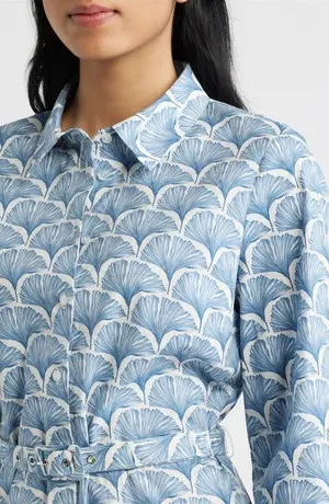 CECE DUPRAZ Fan Print Belted Shirt Dress - Ivory Multi