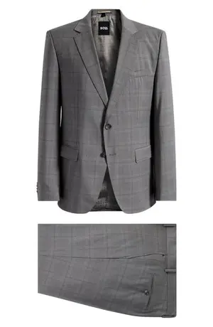BOSS Huge Slim Fit Brown Windowpane Check Virgin Wool Suit