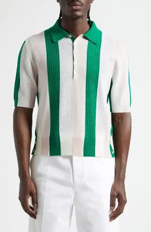 Thom Browne Shadow Stripe Mixed Stitch Short Sleeve Cashmere Polo Sweater