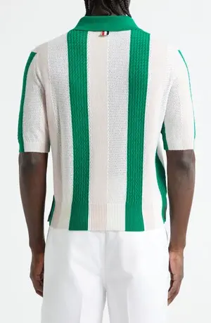 Thom Browne Shadow Stripe Mixed Stitch Short Sleeve Cashmere Polo Sweater