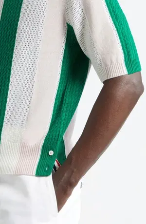 Thom Browne Shadow Stripe Mixed Stitch Short Sleeve Cashmere Polo Sweater