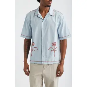 WAX LONDON Keats Embroidered Short Sleeve Button-up Shirt - Light Blue/rust
