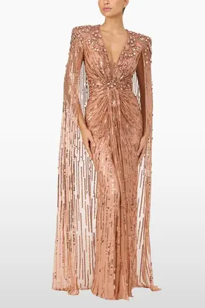 Jenny Packham Sequin-embellished Cape Gown - Sable