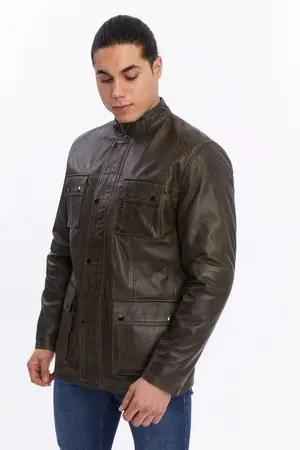 FURNIQ UK Premium Sheepskin Leather Utility Jacket