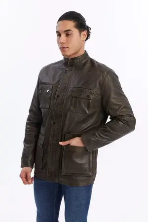 FURNIQ UK Premium Sheepskin Leather Utility Jacket