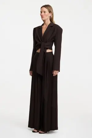 Significant Other Wide-shoulder Cropped Jacket With Tie Detail - Chocolate