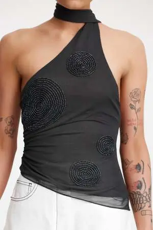 Significant Other Beaded Mesh Asymmetric Neckline Top