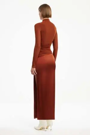 Significant Other Brianna Long Sleeve Maxi Dress With Sculpted Mesh Bodice And Satin Skirt