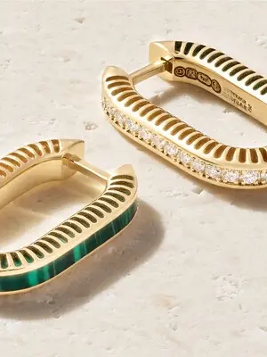 L’ATELIER NAWBAR Lock Ray 18-karat Malachite And Diamond Hoop Earrings