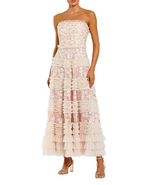 Mac Duggal Floral Embroidered Strapless Ruffle Midi Dress - Blush Multi