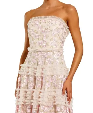 Mac Duggal Strapless Floral Ruffled Midi Dress