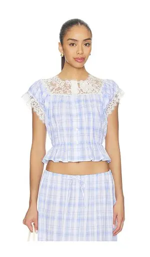 YUHAN WANG Lace Trim Button Check Top - Blue Check
