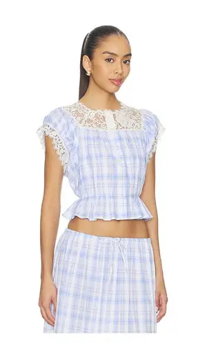 YUHAN WANG Lace Trim Button Check Top - Blue Check