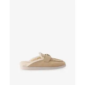 Prada Brand-plaque Suede And Shearling Mules - Neutral