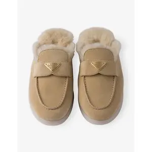Prada Brand-plaque Suede And Shearling Mules - Neutral