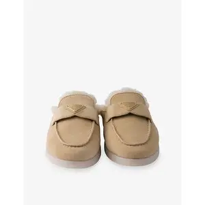 Prada Brand-plaque Suede And Shearling Mules - Neutral