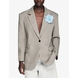 Sandro Wool-blend Checked Jacket With Flower Brooch