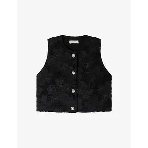 Sandro Cropped Flower-embroidered Woven Top