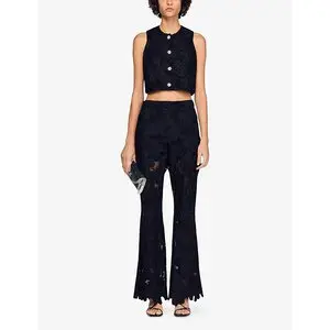 Sandro Cropped Flower-embroidered Woven Top