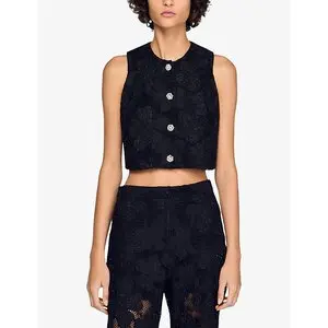Sandro Cropped Flower-embroidered Woven Top