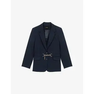 Maje Pinstripe Wool-blend Suit Jacket With Chain Belt