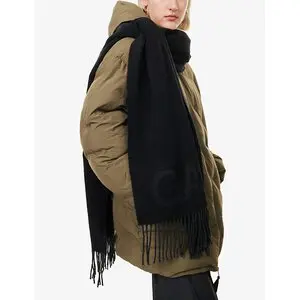 GANNI Logo-pattern Fringed Wool Scarf