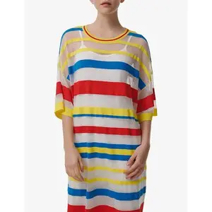 LEEM Striped Round-neck Mesh Kaftan