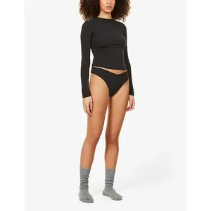 SKIMS Round-neck Long-sleeve Cotton-jersey Top - Soot