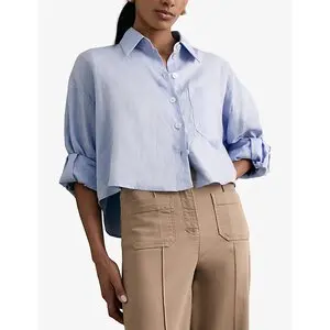 REISS Solena Cropped Linen Shirt - Blue