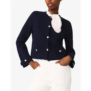 Maje Cropped Knitted Cardigan With Embroidered Collar - Navy