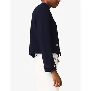 Maje Cropped Knitted Cardigan With Embroidered Collar - Navy