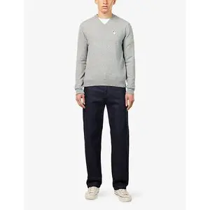 Play Comme Des Garcon Heart-embroidered Knitted Wool Jumper - Light Grey